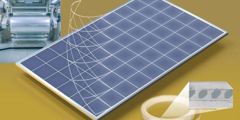 Solar film with integrated optics to increase performance of PV panels ...