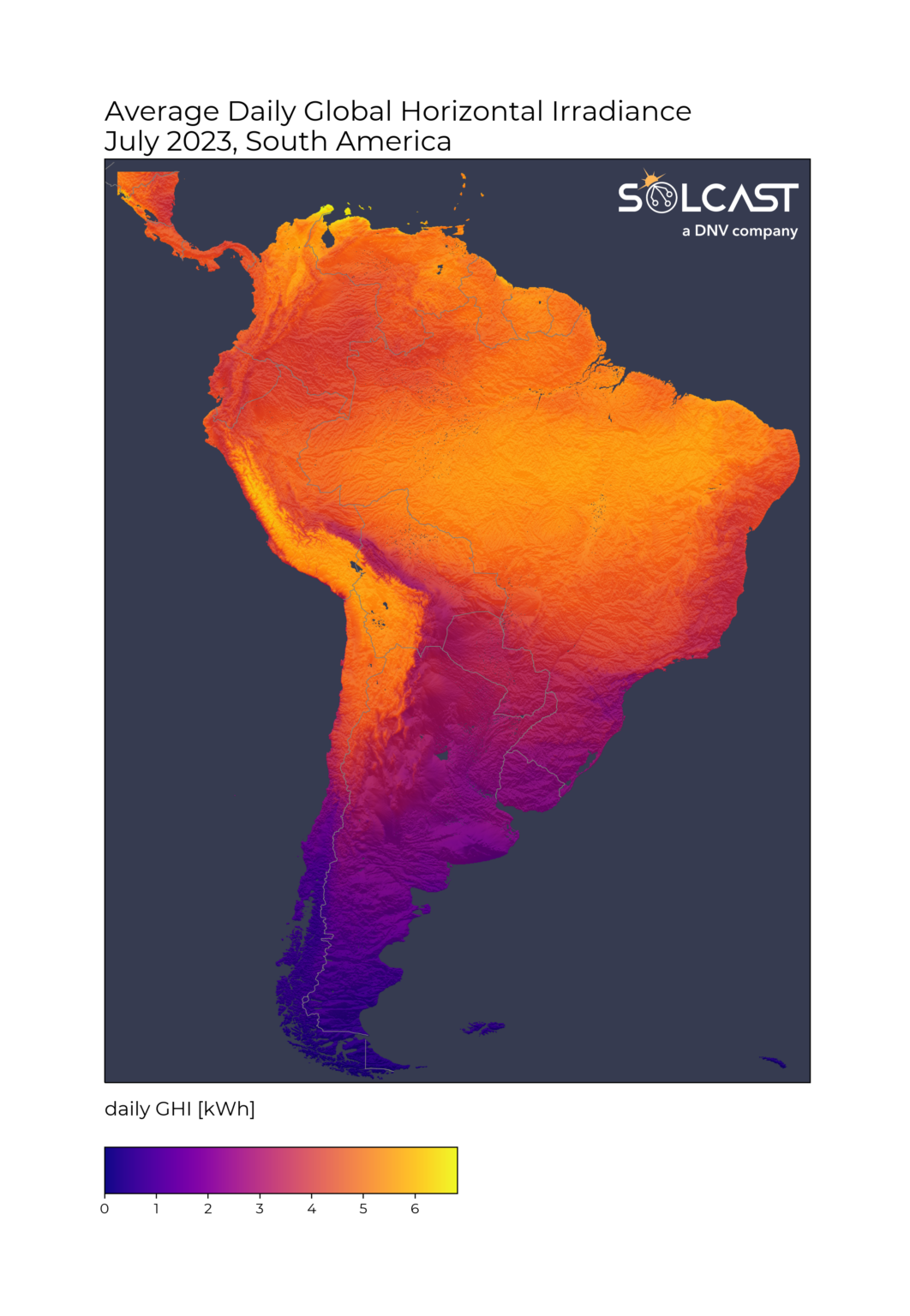 July’s irradiance up in most of South America, down east of the Andes ...